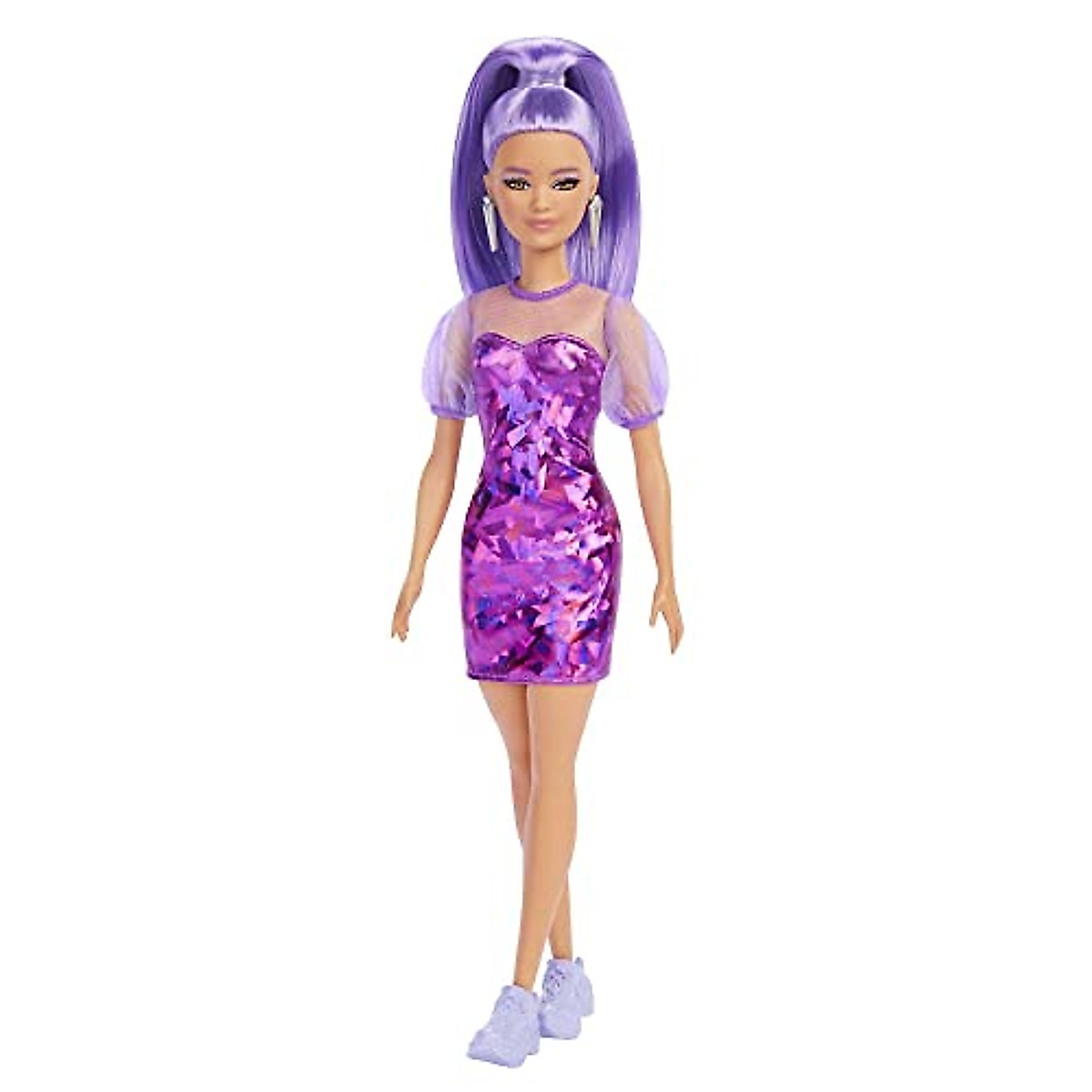 Barbie Fashionistas Doll, Petite, Long Purple Hair & Purple Metallic Dress, Sheer Bodice & Sleeves, Purple Sneakers, Toy for Kids 3 to 8 Years Old