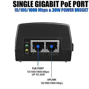 BV-Tech Gigabit Power Over Ethernet PoE+ Injector | 30W | Plug & Play | up to 325 Feet
