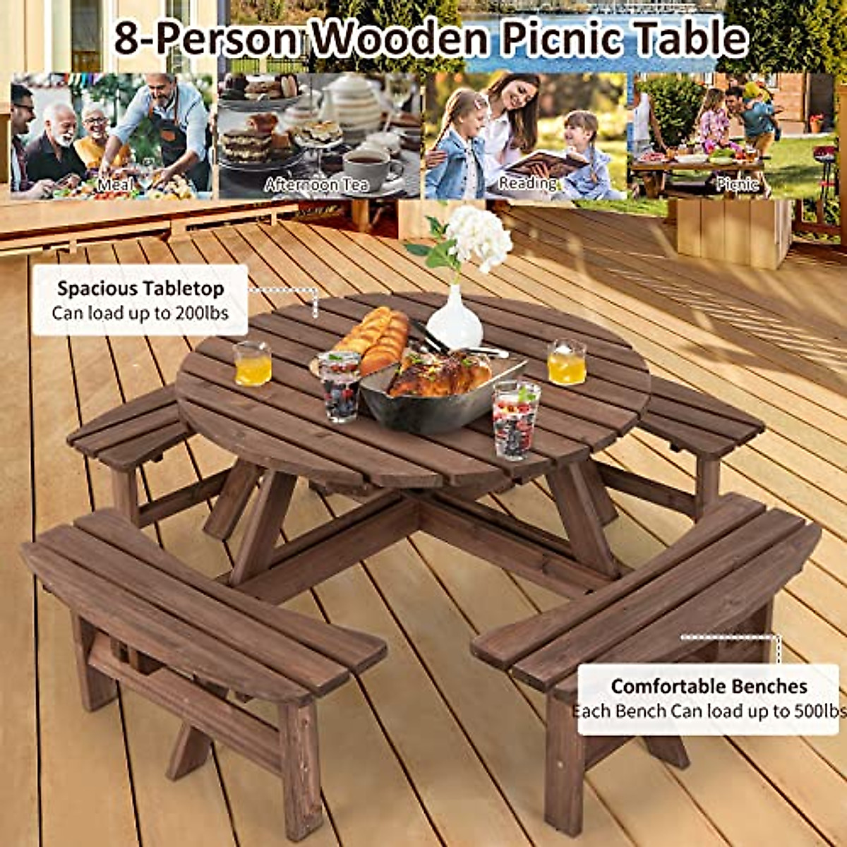 Tangkula 8 Person Wood Picnic Table, Outdoor Round Picnic Table with 4 Built-in Benches, Umbrella Hole, Outside Table and Bench Set for Garden, Backyard, Porch, Patio, 500lbs Capacity Per Bench