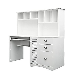 Ucloveria Computer Desk with Hutch,Home Office Wood Executive Desk with Drawers,Open Shelf,Writing Laptop Table with Keyboard Tray,File Cabinet Computer Desk for Bedroom,White