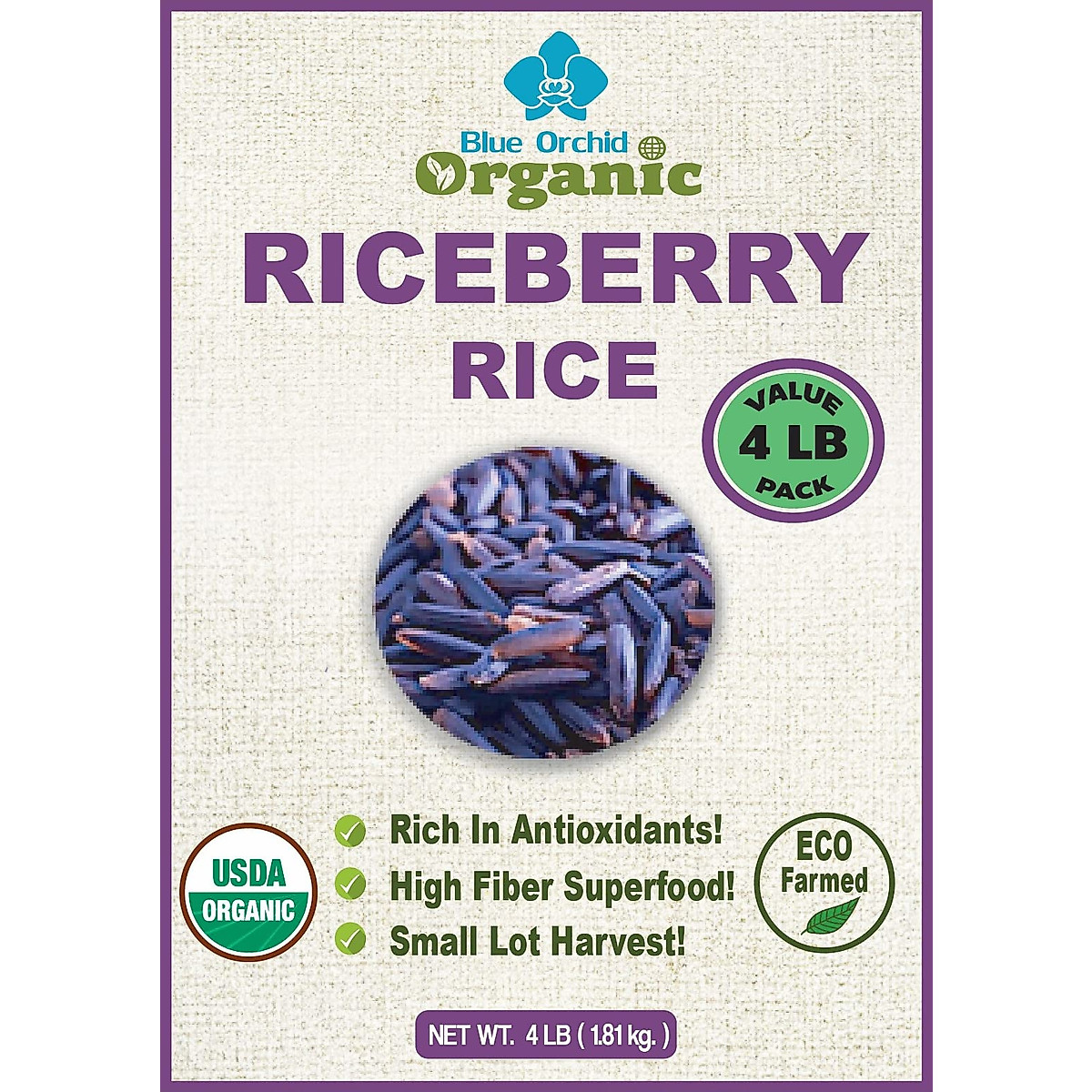 Organic Riceberry Rice - Purple Thai Black Jasmine Rice - USDA Certified - Premium Freshness - Small Lot Harvest Direct from our Farm to your Table - 4 LB