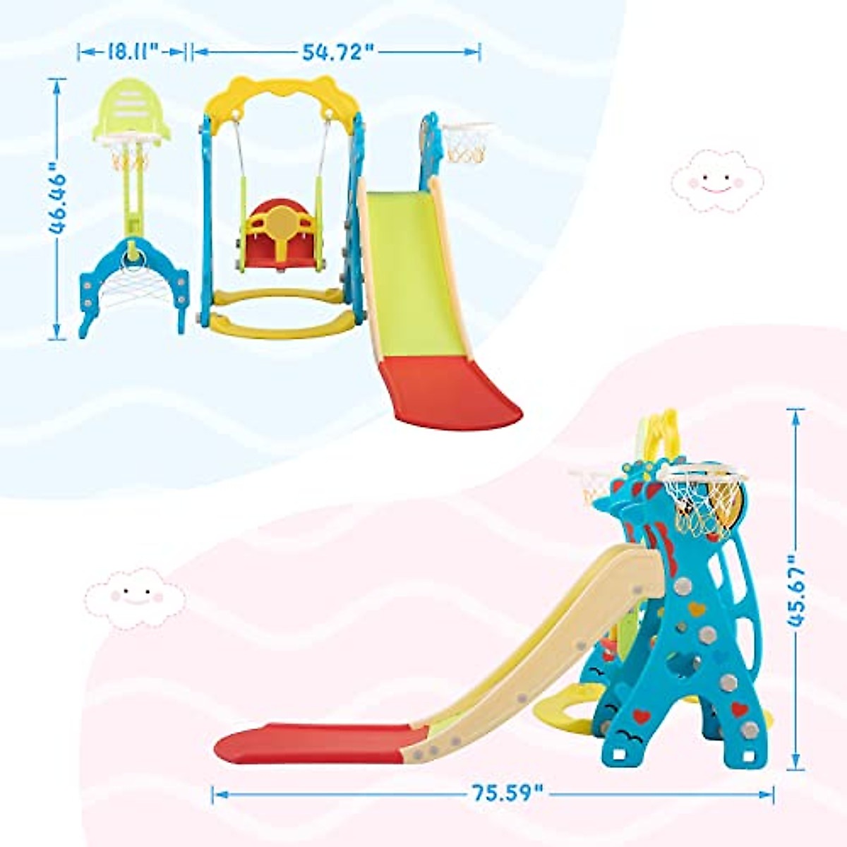 5 in 1 Kids Slide for Toddlers Age 1-3, Slide and Swing Set for Children Baby Indoor Outdoor, Playsets Playground Sets for Backyards Plastic