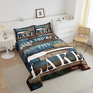 Rustic Farmhouse Comforter Set Lake House Bedding Set Queen Size Kids Boys Women Men Cabin Room Decor Retro Blue and Brown Patchwork Wooden Print Quilted Duvet Lake Life Duvet Insert,2 Pillowcases