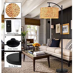 QIYIZM Floor Lamp for Living Room Bedroom Farmhouse Arc Rattan Boho Standing Lamp with Remote Dimmable Black Wicker Bamboo Lamp Shade Floor Light Adjustable Tall Lamp Industrial Floor Lamps Bohemian