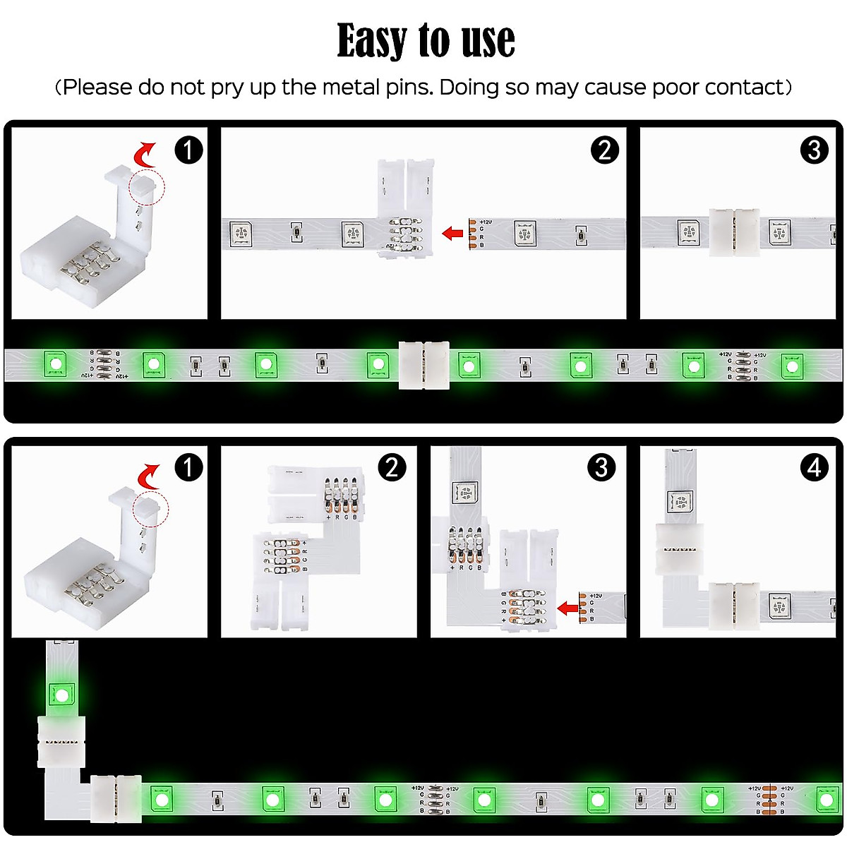 L Shape 4-Pin LED Connectors 10-Pack JACKYLED 10mm Wide Right Angle Corner Connectors Solderless Adapter Connector Terminal Extension with 22Pcs Clips for 3528/5050 SMD RGB 4 Conductor LED Light Strips