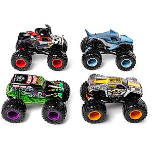 Monster Jam, Land vs. Sea 4 Pack Monster Trucks (Grave Digger, Max-D, Megalodon, and Pirate’s), 1:64 Scale, Kids Toys for Boys and Girls Ages 3 and up
