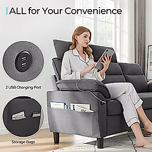 LINSY HOME Convertible Sectional Couch, 3 Seat L Shaped Sofa with 2 USB Ports and Storage Bags, Small Sectional Sofa Set for Living Room, Apartment, Dark Gray