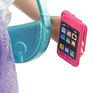 Barbie Princess Adventure Renee Doll (12-inch Brunette) in Fashion and Accessories, with Smart Phone, Purse, Travel Mug and Tiara, Gift for 3 to 7 Year Olds