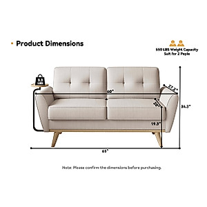 Brelice Loveseat Sofa, Mid Century Modern Decor Love Seat Couch with Solid Wood, Convertible Wooden Tray Living Room Furniture, Button Tufted Upholstered 2 Seat Couches for Bedroom, Apartment, Beige
