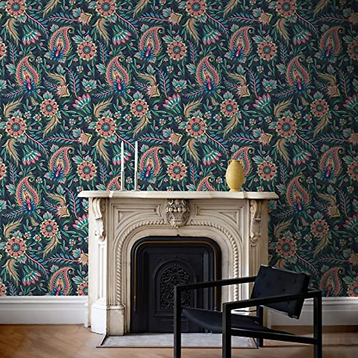 JiffDiff Floral Wallpaper Peel and Stick Vintage Wallpaper Paisley 17.3"x118" Navy Dark Blue/Pink Wallpaper Self Adhesive Contact Paper for Home Bedroom Cabinets Renter Friendly Wallpaper