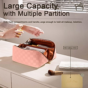 ANFAFUN Travel Makeup Bag - Large Capacity Handing Cosmetic Bag, PU Leather Waterproof & Divider Flat Lay Make Up Bag Organizer with Makeup Mirror‘s Toiletry Bags for Women (makeup bag-pink)