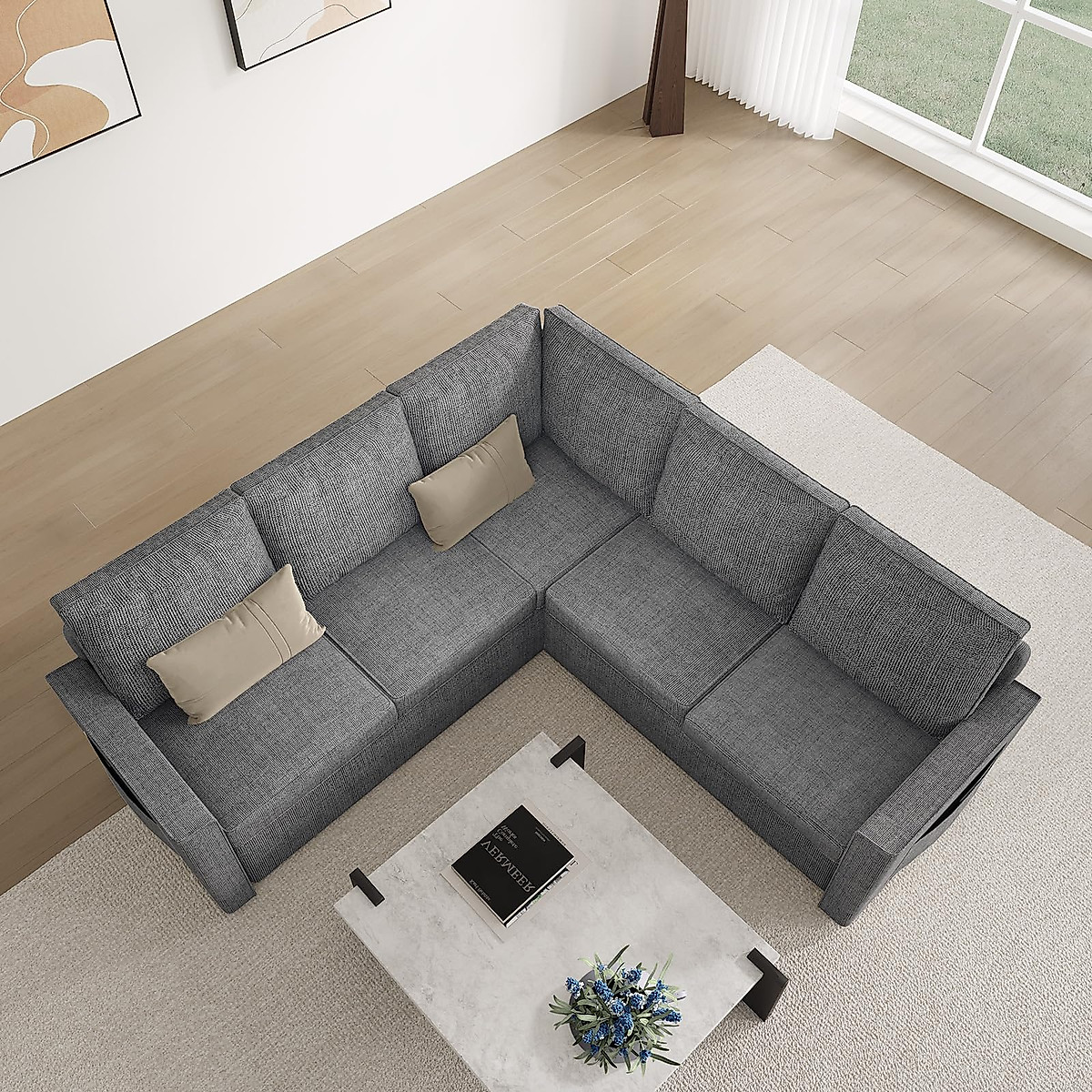 L Shaped Sectional Sofa with Pull Out Bed, Premium Modern Linen Modular Sectional Sofa, Large Slim Sofa Convertible Sleeper Couch Bed, Certified Large 5 Seat Sectional Couch for Living Room, Gray