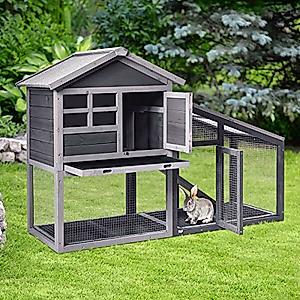 Tangkula Rabbit Hutch Indoor Outdoor, Wooden Chicken Coop, Bunny Hutch with Run, Ventilation Door, Removable Tray, Ramp, Sunlight Panel, Backyard Garden Animals Pet Cage (Gray)
