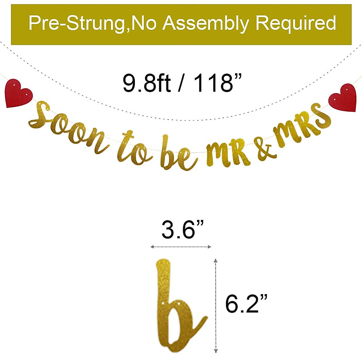 Soon to Be MR & MRS Banner, Pre-strung,No Assembly Required, Bachelorette/Bridal Showers/Engagement/Wedding Party Supplies Decorations, Gold Glitter Paper Garlands Backdrops, Letters Gold Betteryanzi