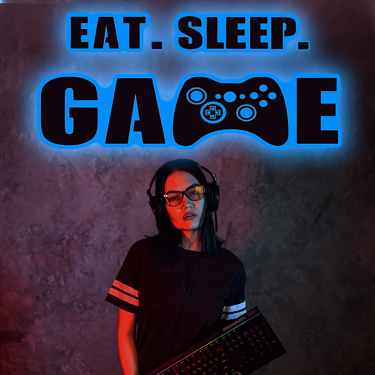 Eat Sleep Game Wall Decal Glow at Night Gamer Boy Wall Stickers Video Game Wall Decor Gaming Controller Wall Decals for Boys Room Kids Bedroom Home Playroom Decor (Lovely Style,23.6 x 10 Inch)
