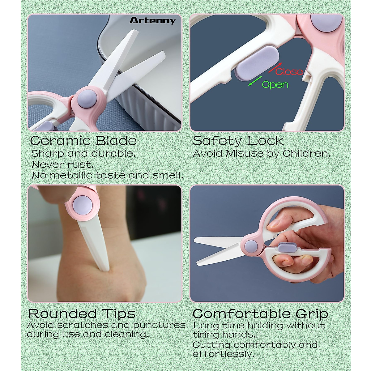 Artenny Kids Food Scissors, Ceramic Baby Food Scissors with Case Travel, Portable Toddler Food Scissors with Safety Lock (A)