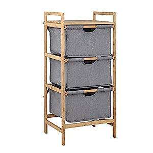 3-Tier Organizer Storage Shelf with Bamboo Frame and Pull Out Fabric Baskets Storage Drawers Unit,Laundry Towel Hamper Cabinet Tower Three Part Compartment Sorter Basket (3-Tier,Style 1)