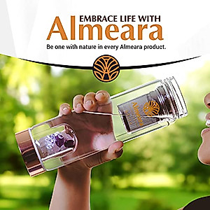 Almeara Crystal Water Bottle with Authentic Amethyst, Rose Quartz & Clear Quartz Removable Gemstones, Loose Leaf Tea Infuser - Relaxation, Healing & Spiritual Gifts for Women - Witchcraft Supplies