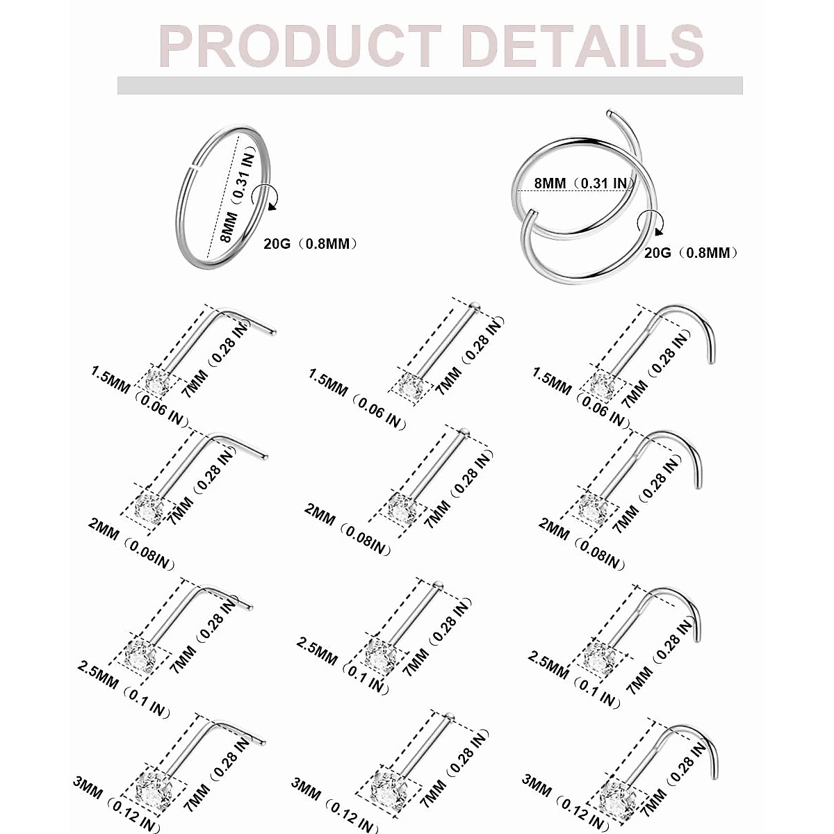 Vegolita 21PCS 20G 316L Stainless Steel Nose Rings Hoop for Women Men Double Nose Ring CZ Nose Stud Piercing Jewelry S