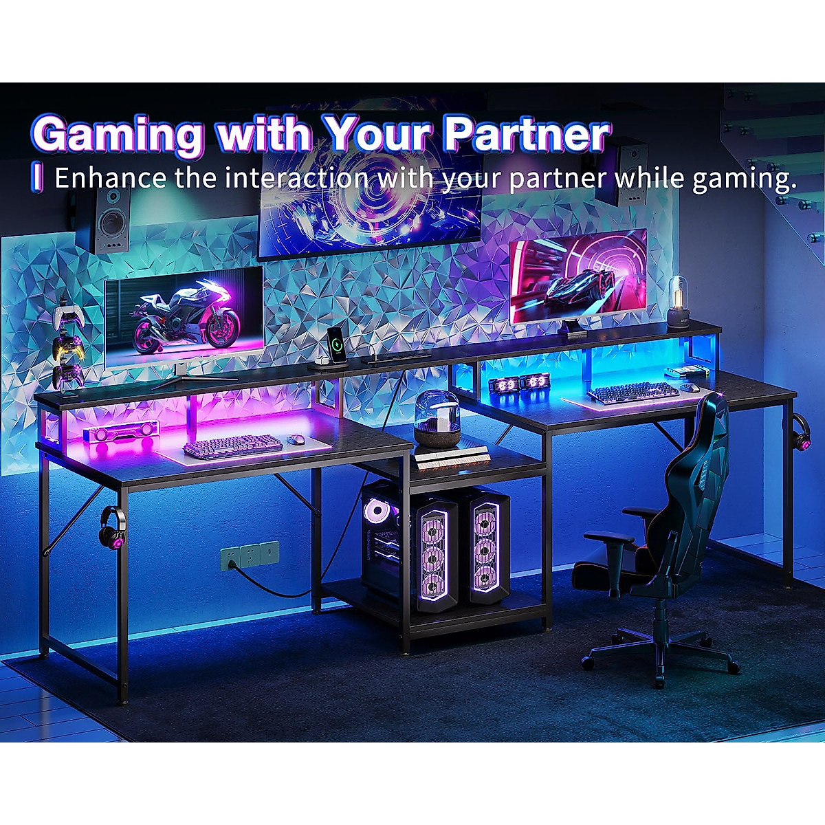 Coleshome 98 Inch 2 Person Gaming Desk with Storage Shelves- Long Double Home Office Computer Desks with USB Charging Port & LED Lights, Writing Desk with Monitor Stand, Modern Study/Work Table, Black