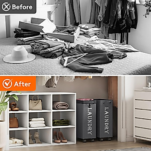 Lifewit 22" Slim Rolling Laundry Basket with Wheels, Collapsible Tall Laundry Hamper with Handles, 2 Packs Narrow Laundry Room Organization for Laundry Room Dorm Bathroom Bedroom, 50L, Gray