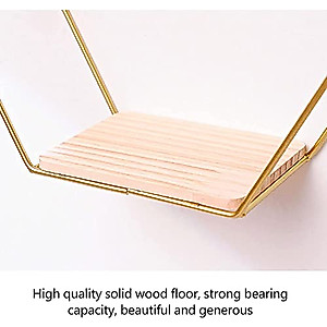 ZUIDSYI Wall Mounted Hexagon Floating Shelves, Metal Framed Gold Shelf with Wooden Wall Floor Storage Shelves, Modern Wall Decor for Living Room, Bedroom, Kitchen, Office, Set of 3 Size