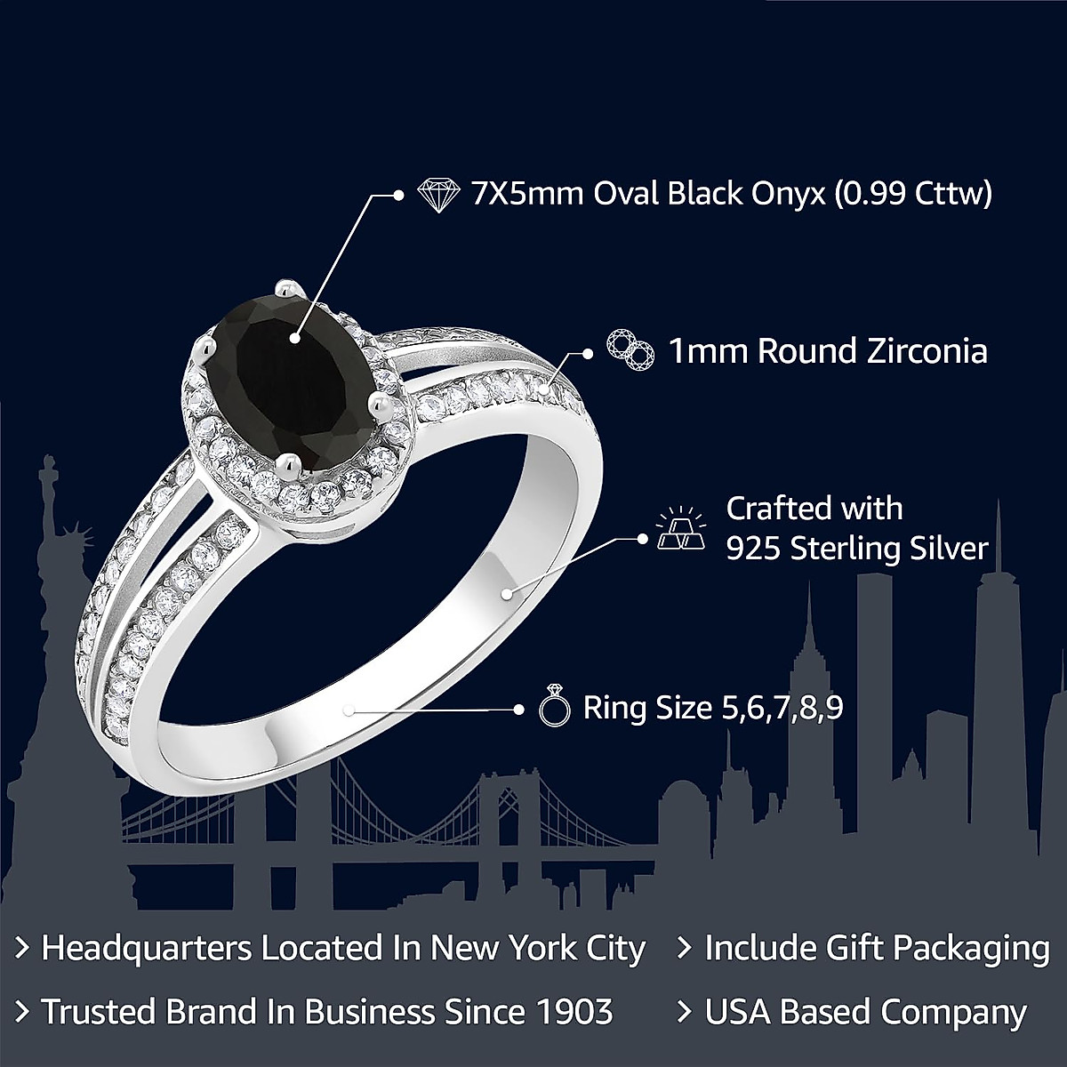 Gem Stone King 925 Sterling Silver Black Onyx Ring | 0.99 Cttw | Oval 7X5MM | Gemstone Birthstone | Wedding Engagement Anniversary Promise Ring For Women | Available In Size 5, 6, 7, 8, 9