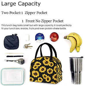 Cute Sunflowers Lunch Bags Women Girls Cute Florals Insulated Lunch Box Lunchbox Cooler Tote Bag Lunch Container Organizer Zipper Meal Prep Lunch Boxes for Teens Kids Adults School Work