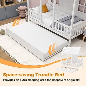KOMFOTT Twin Size House Bed with Trundle, Wood Kid’s House Bed Frame with Roof, Windows, Fence Rails, Playhouse Bed Frame with Sturdy Bed Slats for Boys & Girls, No Box Spring Needed (White, Twin)