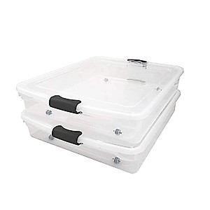HOMZ Large 56 Quart Full/Queen Stackable Underbed Clear Plastic Ergonomic Latching Storage Container with Rolling Wheels, 2 Pack