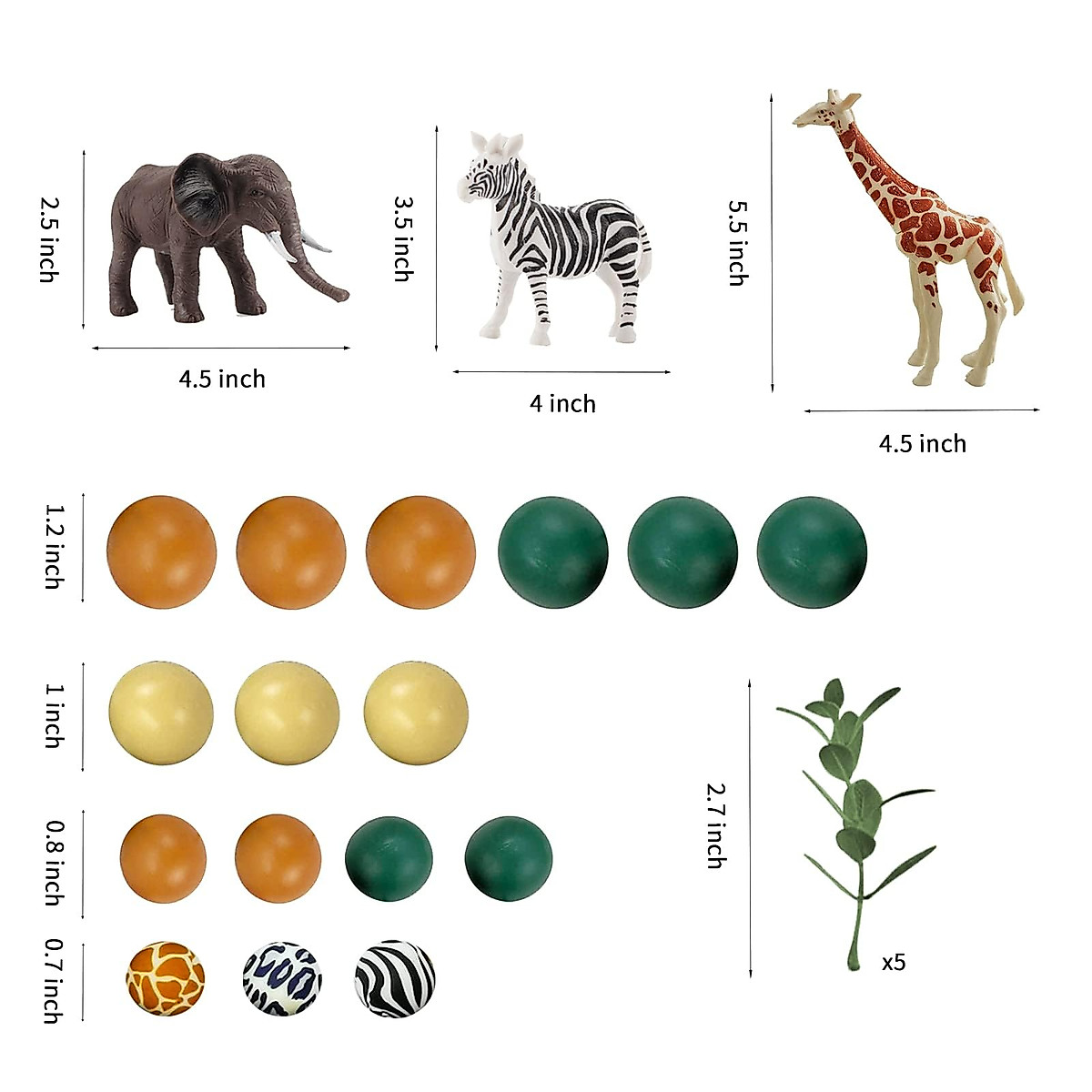24 PCS Realistic Safari Jungle Animal Cake Toppers with Colorful Balls Cake Decorations for Wild Themed Birthday Oh Baby Party Supplies (Green Yellow)
