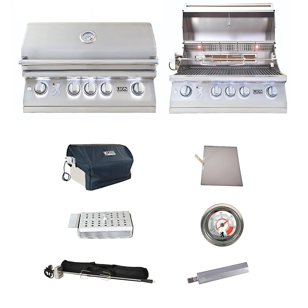 AMS Fireplace, Lion 40 Inch Grill Package w Double Access Drawer and Horizontal Single Door side burner Refrigerator Liquid Propane