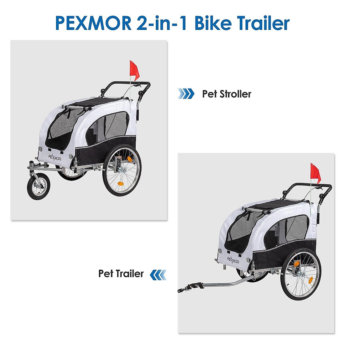 PEXMOR 2-in-1 Dog Bike Trailer,Pet Stroller Dog Trailer for Bicycle w/Universal Hitch,Folding Pet Cart Bike Wagon Cargo Carrier for Dog Shock Absorber & 360 Swivel Quick Release Wheel (White)