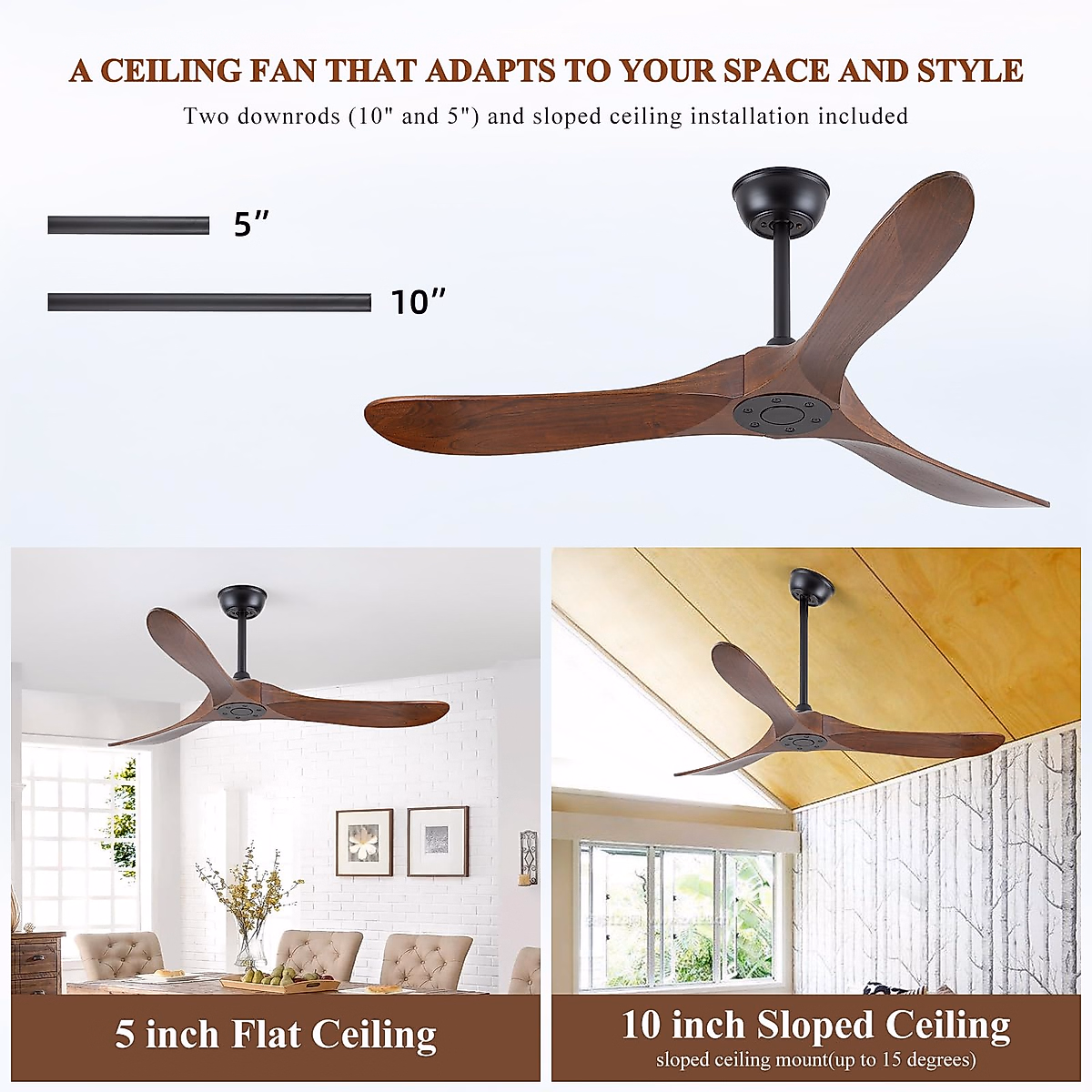 DefinElegant Walnut Wood 52" Ceiling Fan, 6-Speed, Reversible 3 Blades, Timed Shutdown, Silent DC Motor, for Bedroom, Porch