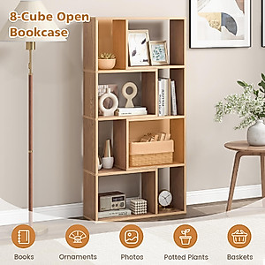 Giantex 8-Cube Geometric Bookshelf, 4-Tier High Bookcase, 48" Modern Storage Organizer, Floor Standing Open Display Shelving, Wooden Storage Cabinet for Living Room, Bedroom, Study, Natural