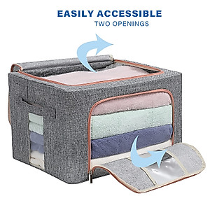 XULAN 34L Large Foldable Clothes Storage Bins, Stackable Container Organizer with Clear Window | Carry Handles for Blankets, Comforter, Closets, Bedrooms and More, Set of 2 (Grey)
