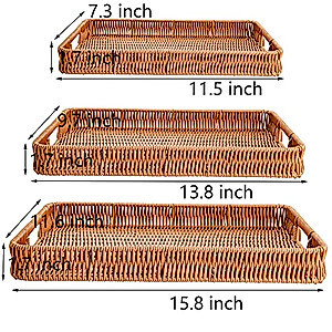 Yarlung 3 Pack Woven Baskets Serving Trays with Handles, Poly Wicker Bread Baskets Rectangular Platters for Fruit, Vegetables, Breakfast, Drinks, Snacks, Dining Coffee Table, 3 Sizes