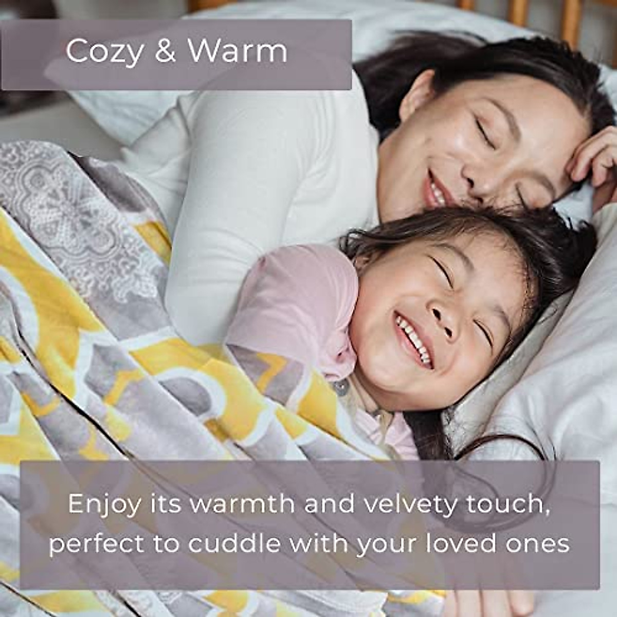 Shop LC Grey Throw Fleece Blanket Queen Size | 80"x60" | Yellow Moroccan Pattern 100% Microfiber Soft Plush Lightweight Full Size Flannel with Knitted Border Birthday Gifts