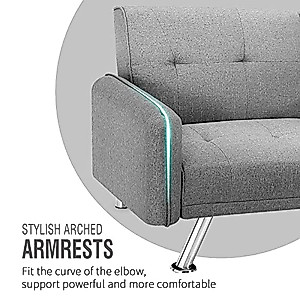 IULULU Futon Sofa Bed, Convertible Couch with 2 Cup Holders, Loveseat with Armrest for Studio, Apartment, Office, Living Room, Light Grey