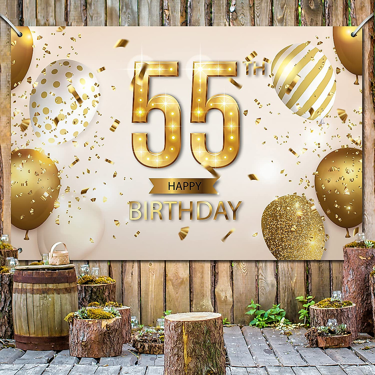 Happy 55th Birthday Backdrop Banner White Gold 55 Years Old Bday Background Decorations for Women Men Her Him Photography Party Supplies Glitter