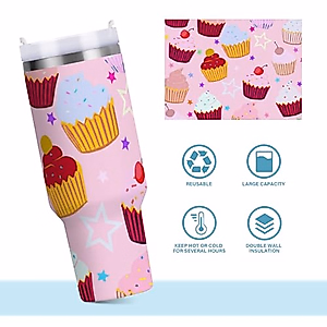 ODAWA Large with Lid and Straw, Cute Cupcake Pink Spill Proof Tumbler with Straw Stainless Steel Insulated Tumblers