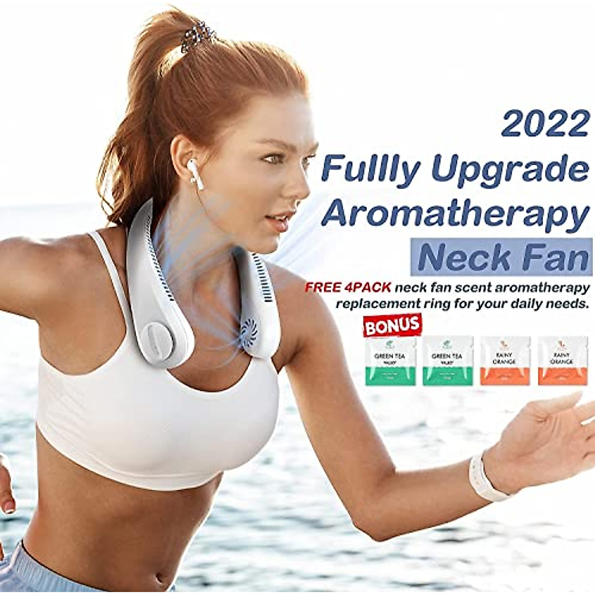 Portable Neck Fan With Aromatherapy, Bladeless Neck air Conditioner Rechargeable, 5000 mAh Wearable Personal Fan, Neck Fans For Women Men, Ultra Light Headphone Design Hand-free Neck Fan White