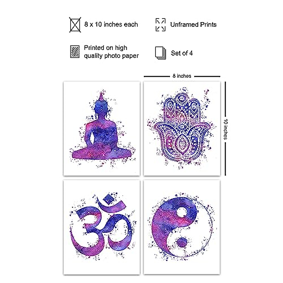 Zen Meditation Buddha Art - 8x10 Poster Set - Buddha, Yin Yang, Om, Hamsa Hand of Fatima - New Age Spiritual Gift for Buddhist, Yoga Teacher, Instructor, Studio - Unframed Wall Decor, Room Decoration