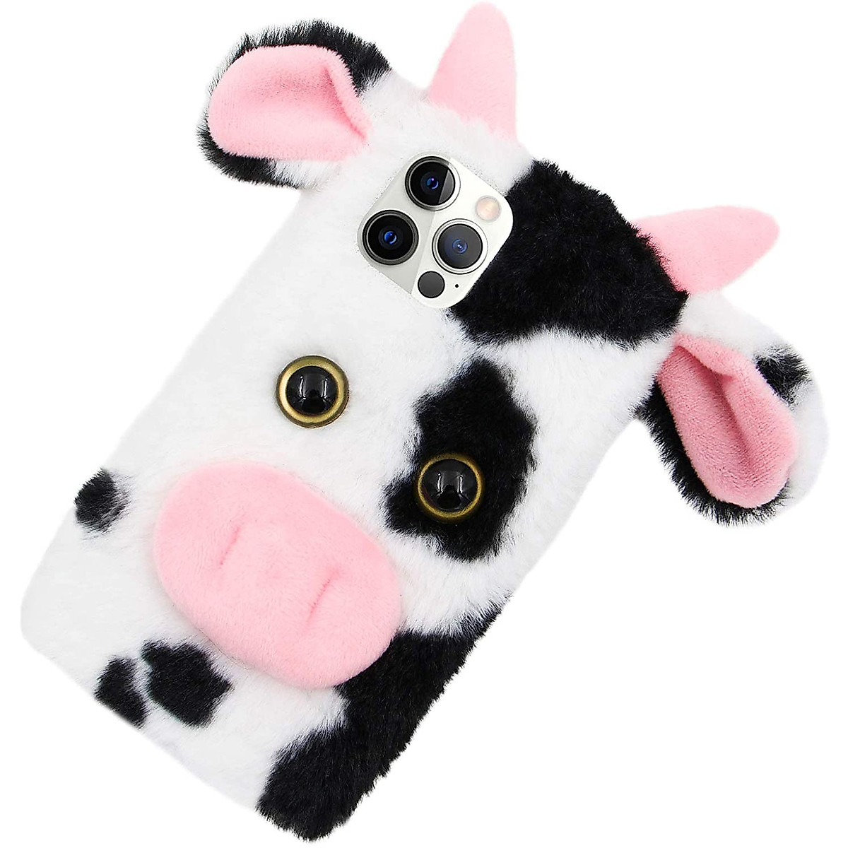 Girlyard Milk Cow Case for iPhone 8 Plus / 7 Plus, Cute 3D Cartoon Dairy Cattle Fluffy Hairy Silicone Cover Fuzzy Warm Faux Stuffed Plush Doll Soft Furry Protective Shell for Women Girls - Black