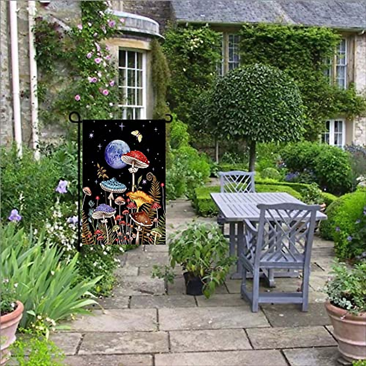 Mushroom Stars And Moon Garden Flag 12 X 18 Inches Double Sided ,Animal Butterfly Yard Flags,Durable Burlap Flag Holiday Farmhouse Patio Yard Outdoor Party Decor Gift