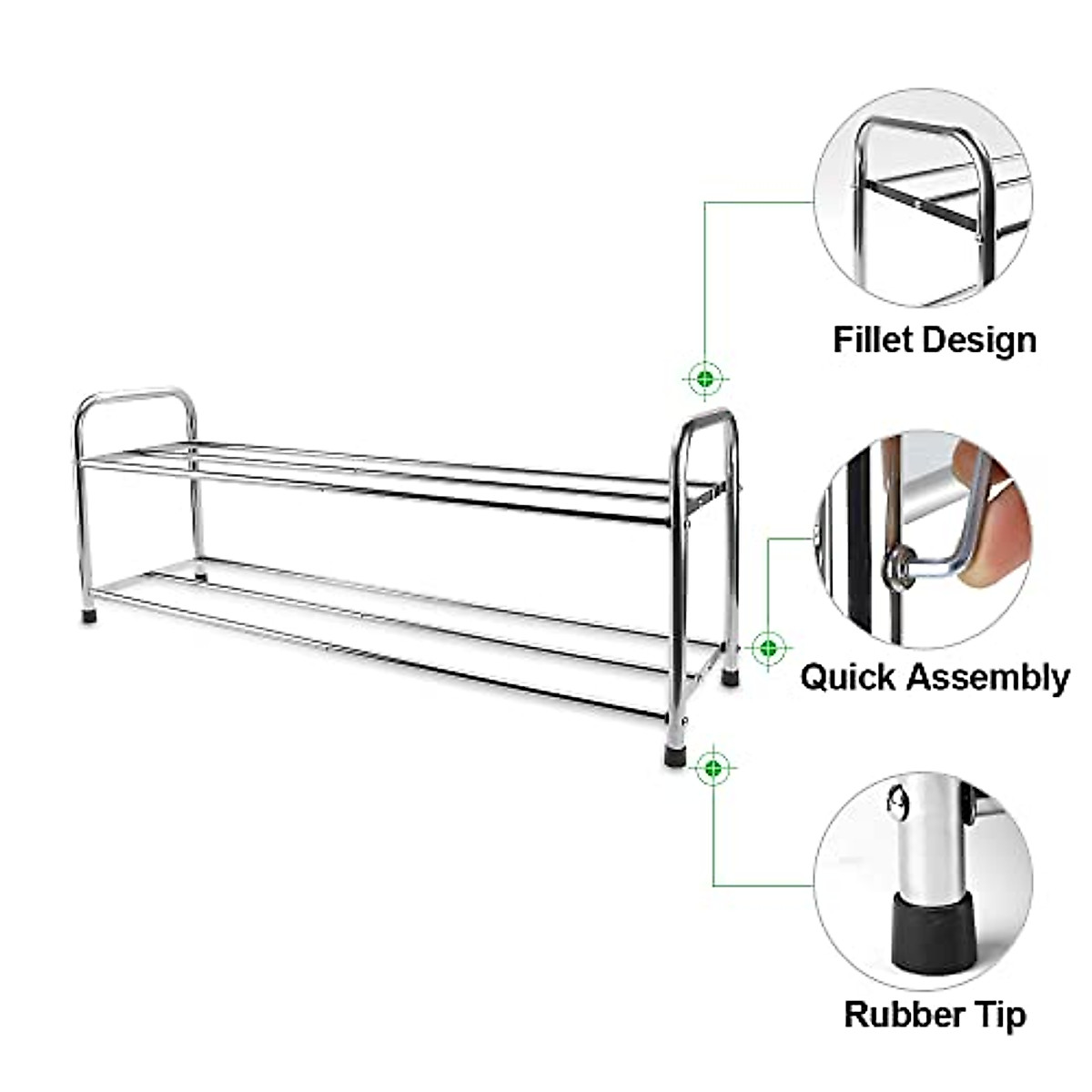 JIYAO 2-Tier Ultra Long Shoes Rack Stainless Steel Shoe Storage Organizer Stackable 8-Pair Storage Shelf for Bedroom, Bathroom Closet, Entryway, Dorm Room, W 10.3 x L 31.5 x H 13.2 in (2-Tier)
