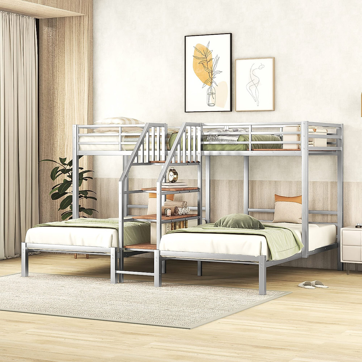 SOFTSEA Metal Corner Bunk Beds for 3 Kids, L-Shaped Triple Bunk Bed Frame with Stairs and Shelves, No Box Spring Needed