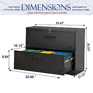 2 Drawer Lateral File Cabinet for Home Office, Filing Cabinets with Lock, Solid Stainless Steel Metal Storage Cabinet for Hanging Legal/Letter/F4/A4 Size Files, Assembly Required (Black)