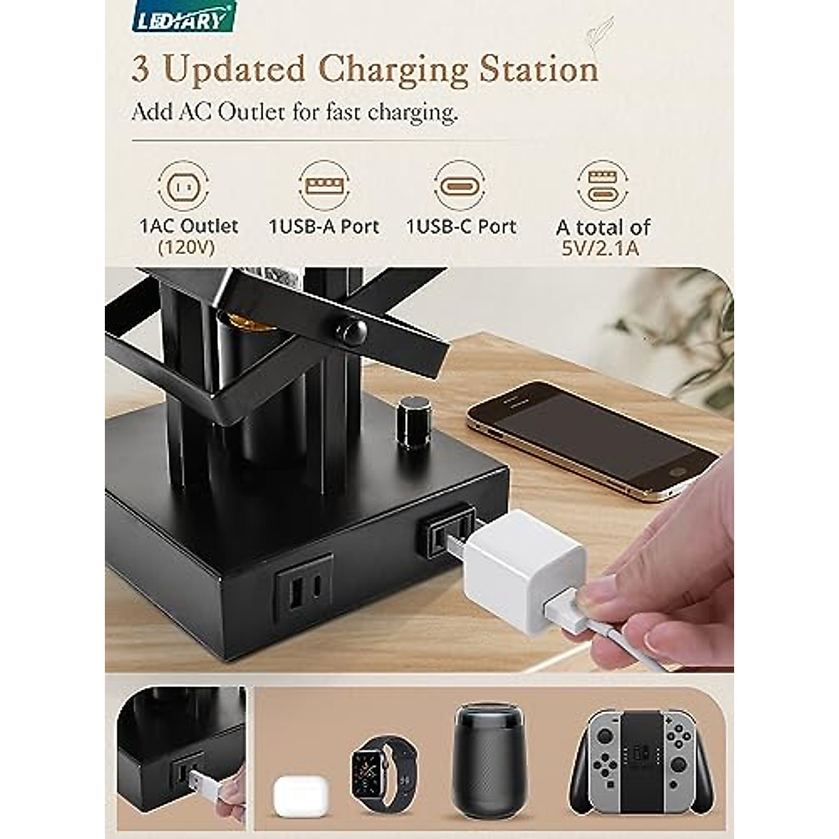 LEDIARY 27" Tall Farmhouse Table Lamps with AC Outlet and USB Ports, Rustic Living Room Lamps Set of 2, Black Industrial End Table Lamp for Bedroom Nightstand, 2 Blubs Included