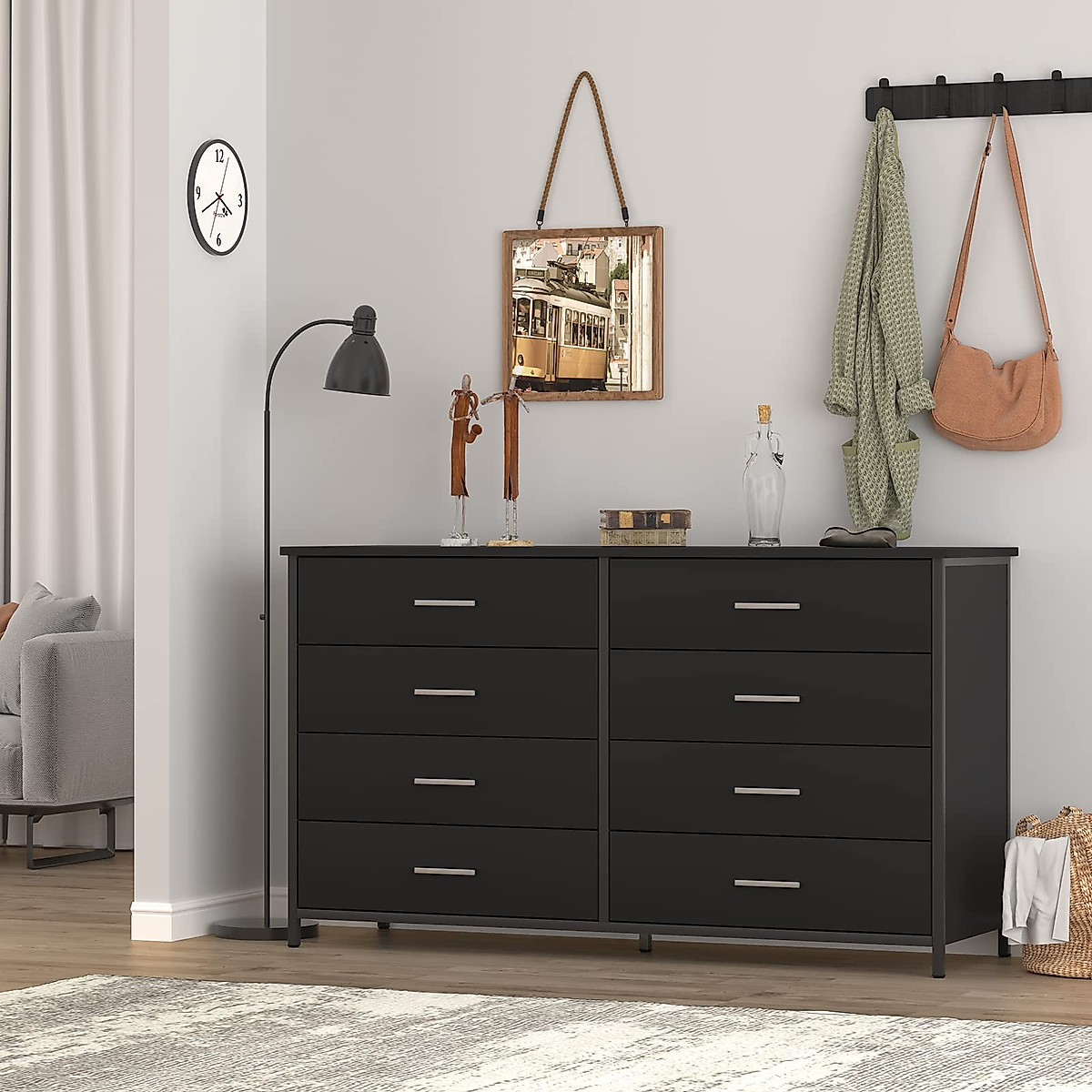 IKENO 8 Drawer Dresser for Bedroom, Industrial Wood Dresser Wide 8 Chest of Drawers, Wooden Storage Organizer Dresser with Sturdy Steel Frame (Black)